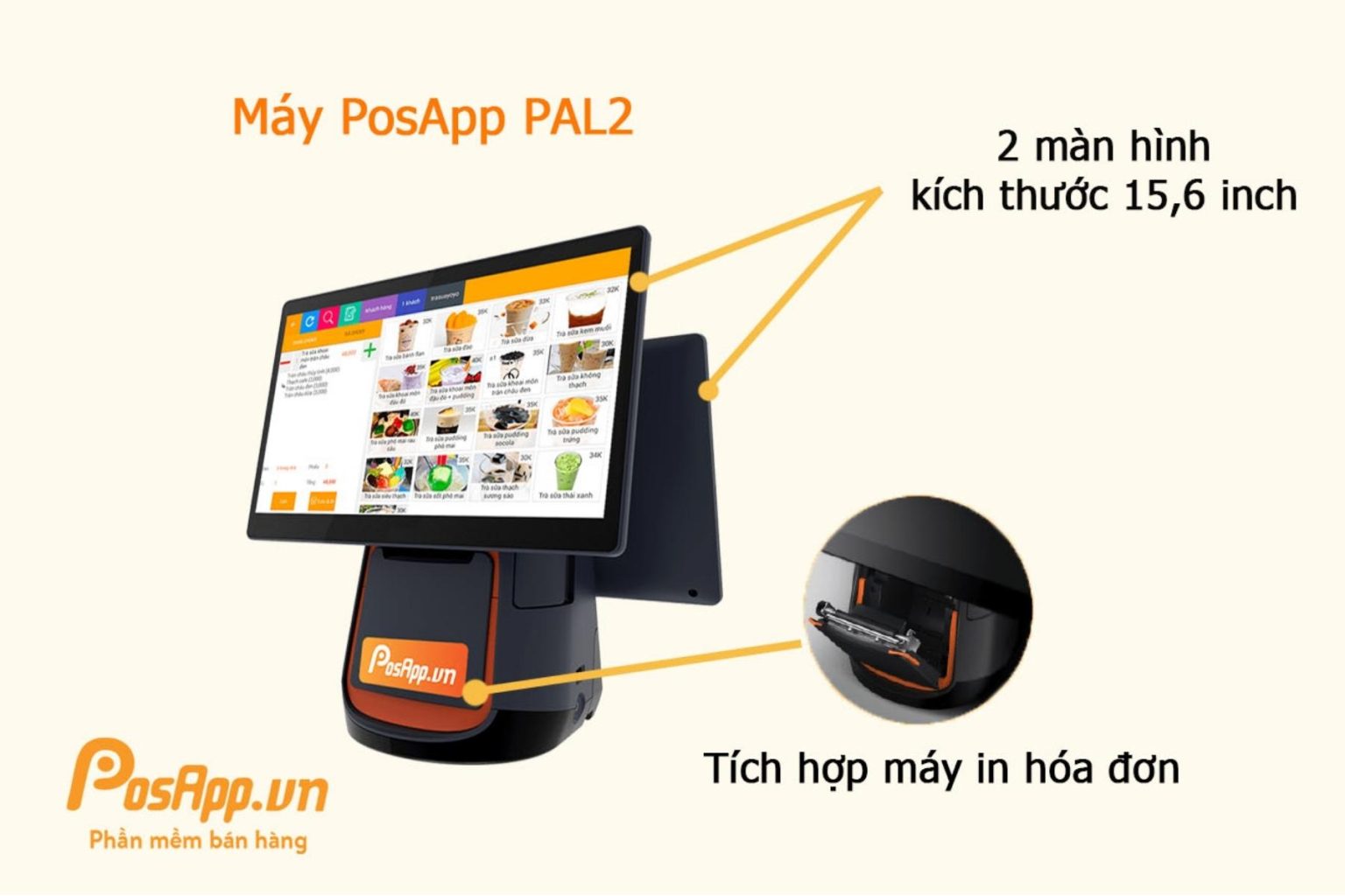Máy Pos thu ngân PosApp PAL2 2 màn hình cảm ứng 15,6 inch